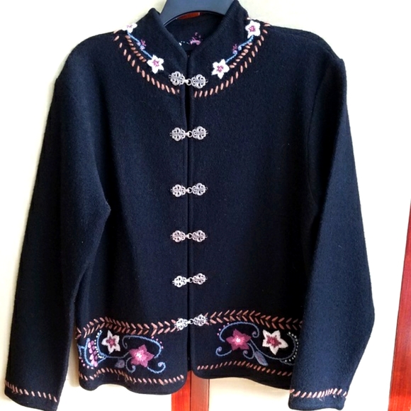 Jackets & Coats | Wool Embroidered Floral Sweater Jacket Black Unlined ...